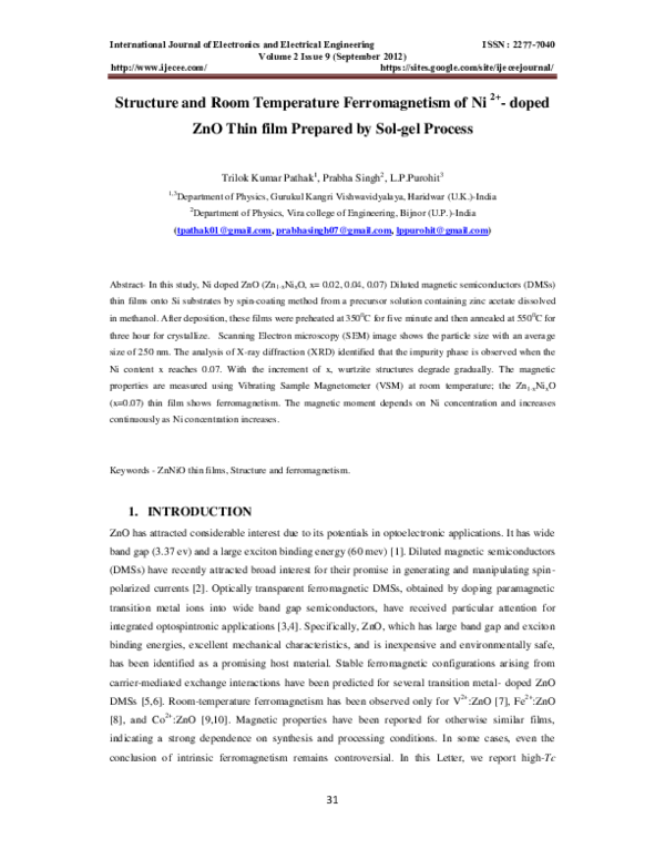 (PDF) Structure and Room Temperature Ferromagnetism of Ni 2+- doped ZnO Thin film Prepared by ...