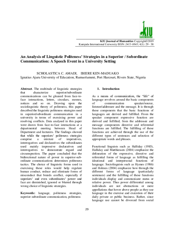 (PDF) An Analysis of Linguistic Politeness’ Strategies in a Superior ...