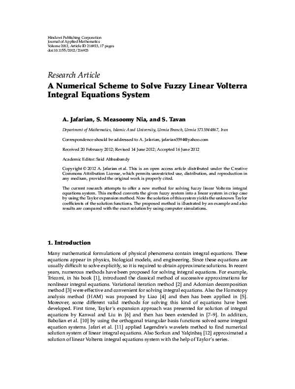 (PDF) A Numerical Scheme to Solve Fuzzy Linear Volterra Integral Equations System