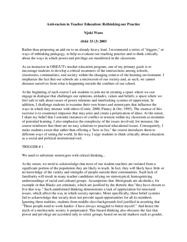 (PDF) Rethinking Anti-Racism in Teacher Education