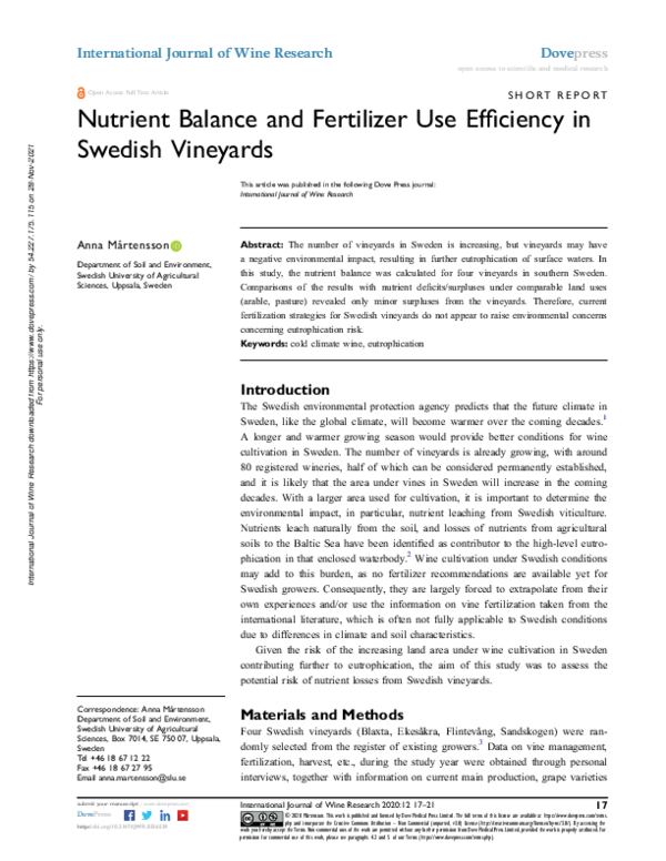 (PDF) Nutrient Balance and Fertilizer Use Efficiency in Swedish Vineyards