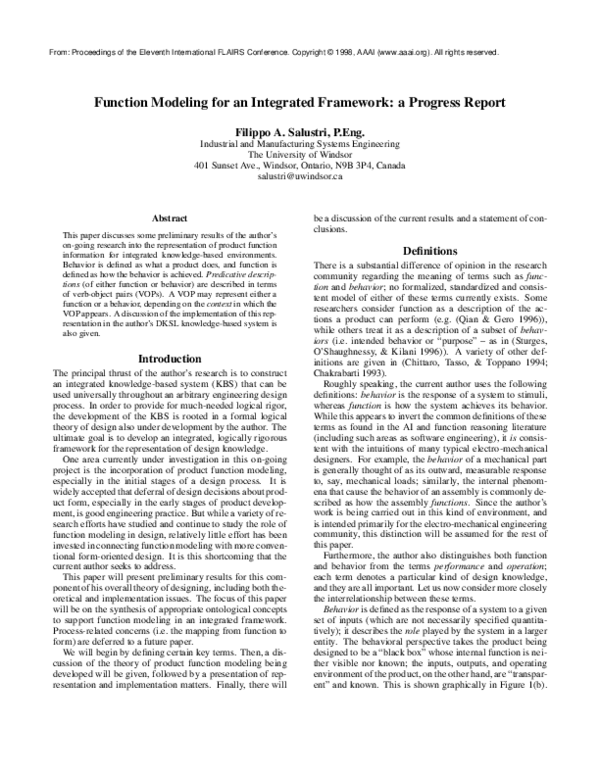(PDF) Function Modeling for an Integrated Framework: A Progress Report