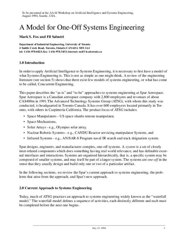 (PDF) A model for one-off systems engineering
