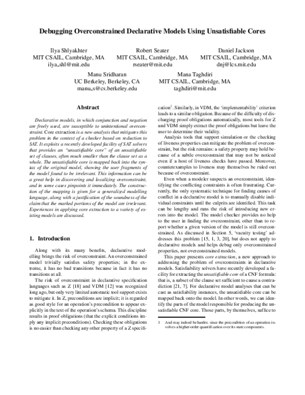 (PDF) Debugging overconstrained declarative models using unsatisfiable cores