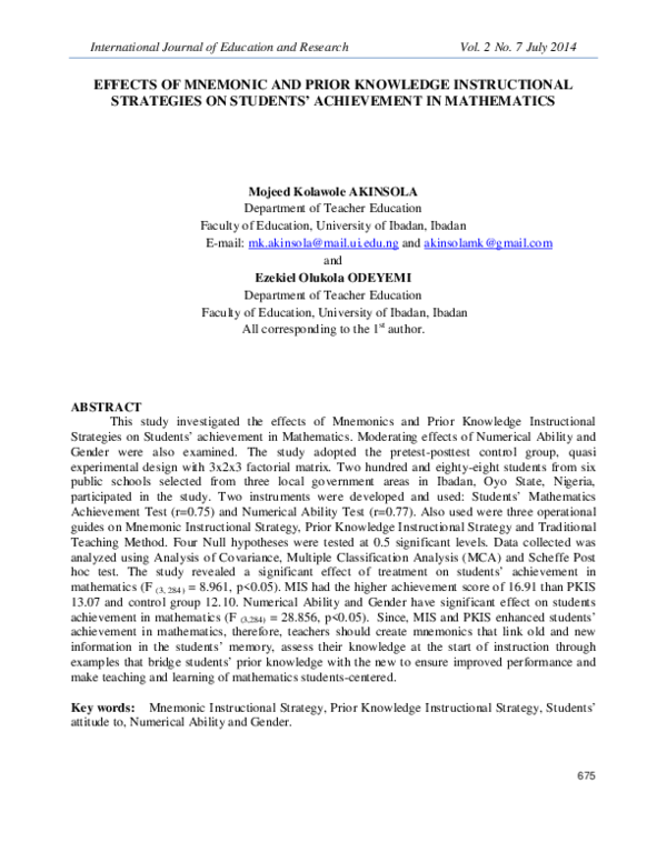 (PDF) Effects of Mnemonic and Prior Knowledge Instructional Strategies ...