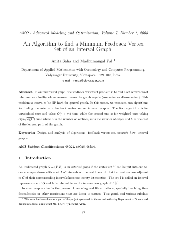 Pdf An Algorithm To Find A Minimum Feedback Vertex Set Of An Interval Graph Madhumangal Pal 