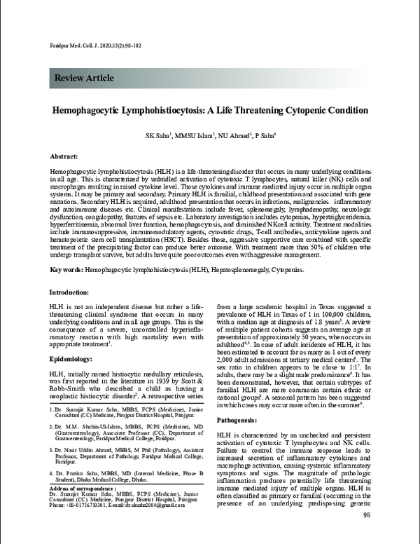 (PDF) Hemophagocytic Lymphohistiocytosis: A Life Threatening Cytopenic ...