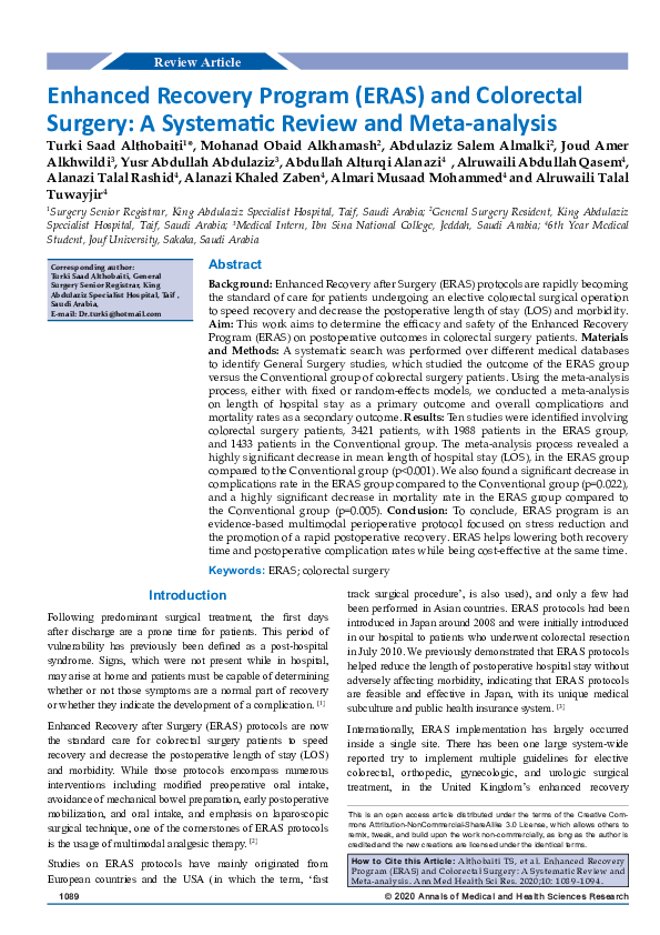 (PDF) Enhanced Recovery Program (ERAS) and ColorectalSurgery: A ...