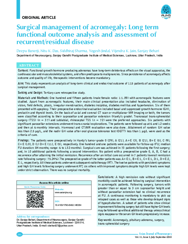 (PDF) Surgical management of acromegaly: Long term functional outcome ...