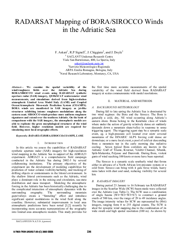 (PDF) RADARSAT mapping of BORA/SIROCCO winds in the Adriatic Sea
