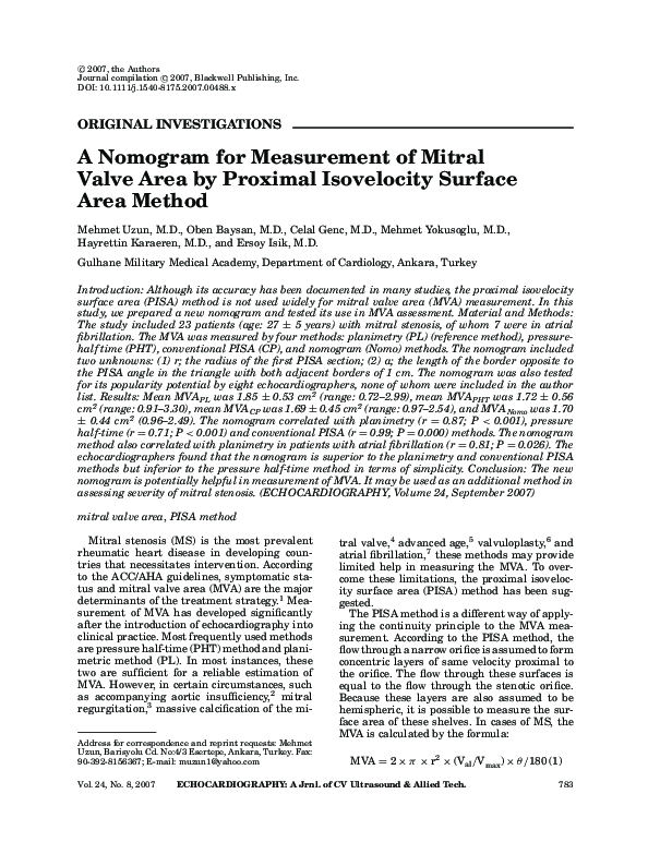(PDF) A Nomogram for Measurement of Mitral Valve Area by Proximal ...