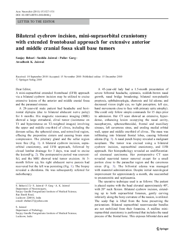 (PDF) Bilateral eyebrow incision, mini-supraorbital craniotomy with ...