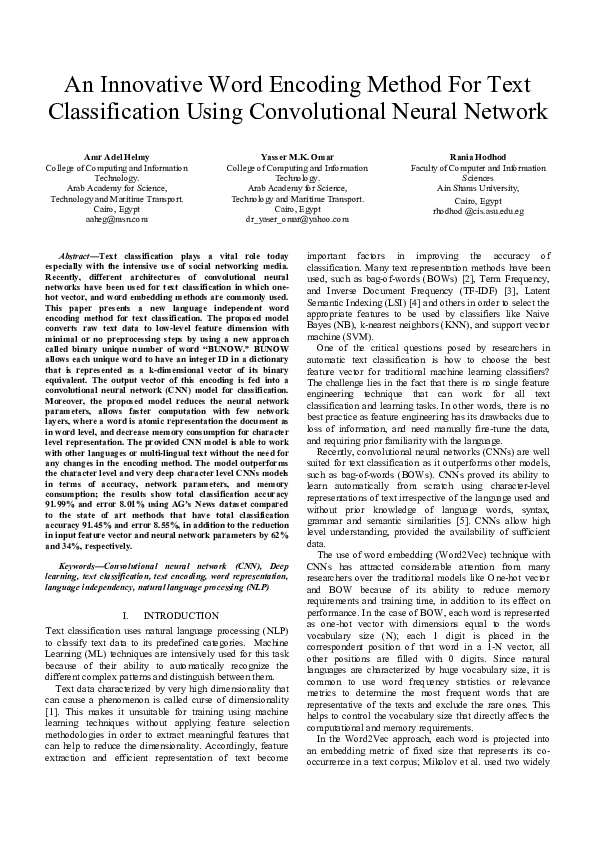 Pdf An Innovative Word Encoding Method For Text Classification Using Convolutional Neural Network