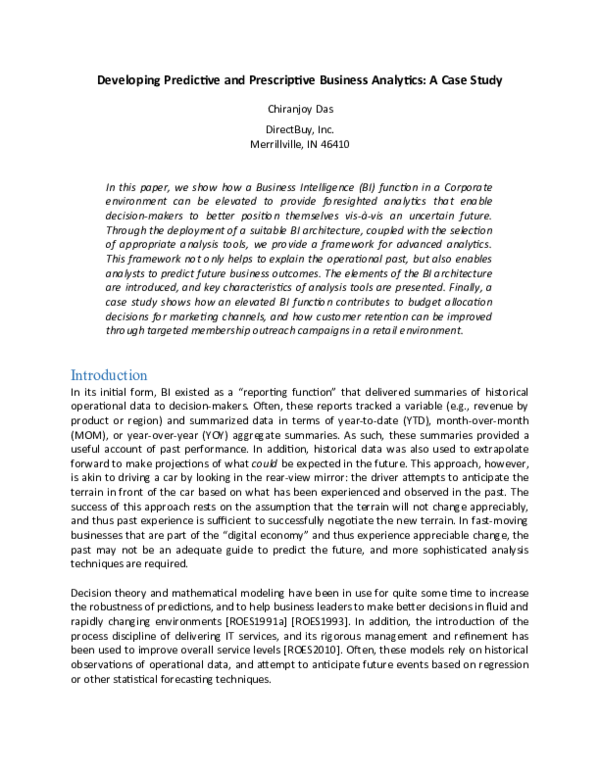 (DOC) Developing Predictive and Prescriptive Business Analytics: A Case Study