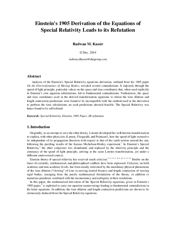 (PDF) Einstein's 1905 Derivation of the Equations of Special Relativity ...