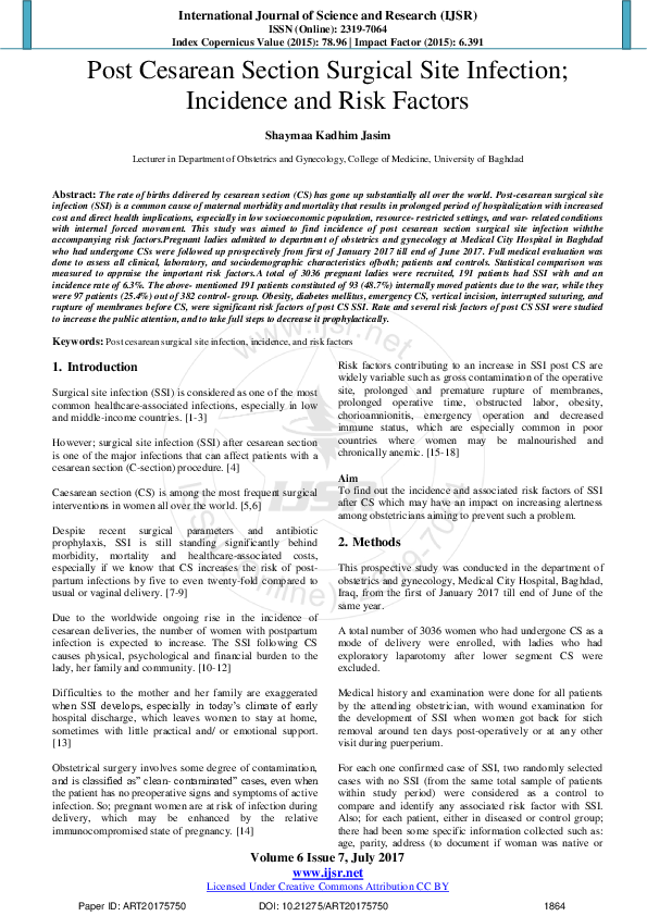 Pdf Post Cesarean Section Surgical Site Infection Incidence And Risk Factors