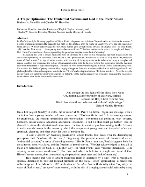 (PDF) A Tragic Optimism: The Existential Vacuum and God in the Poetic Vision