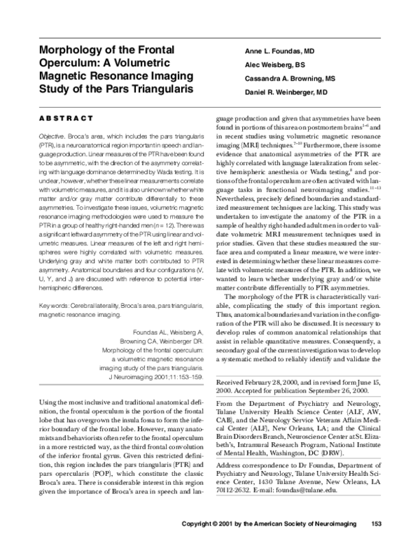 Morphology of the Frontal Operculum: A Volumetric Magnetic Resonance ...