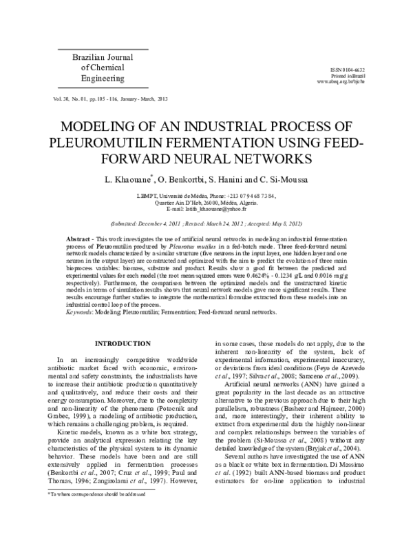 (PDF) Modeling of an industrial process of pleuromutilin fermentation using feed-forward neural ...