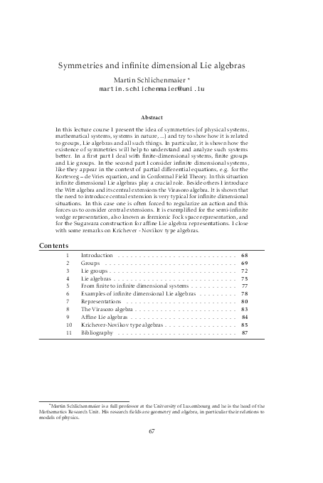 (PDF) Symmetries and infinite dimensional Lie algebras