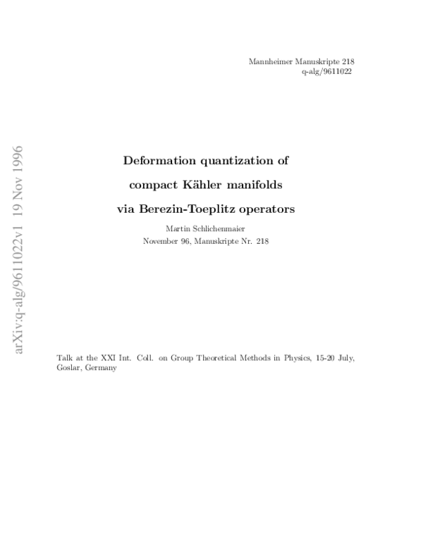 (PDF) Deformation quantization of compact Kähler manifolds via Berezin-Toeplitz operators