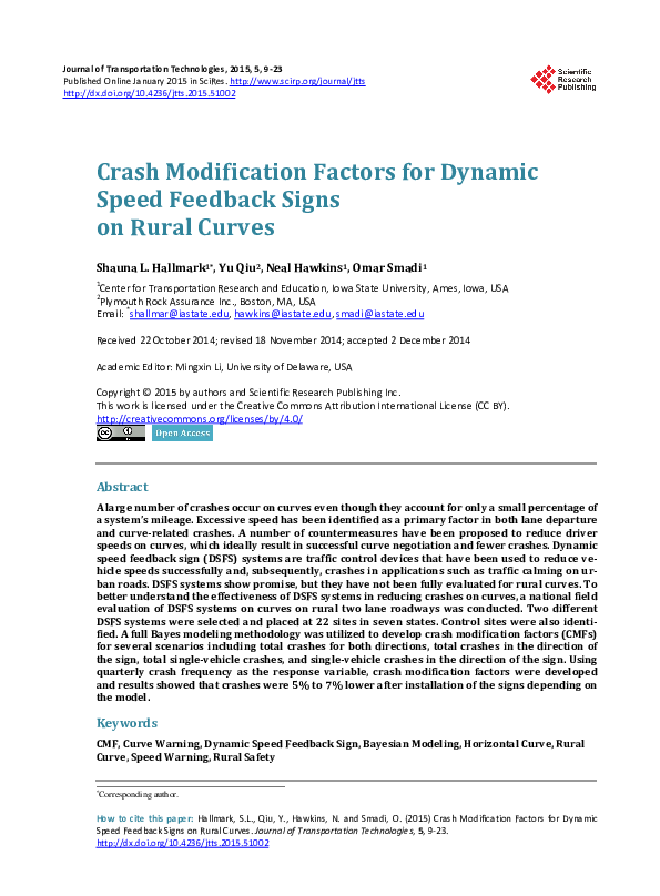 (PDF) Crash Modification Factors for Dynamic Speed Feedback Signs on ...