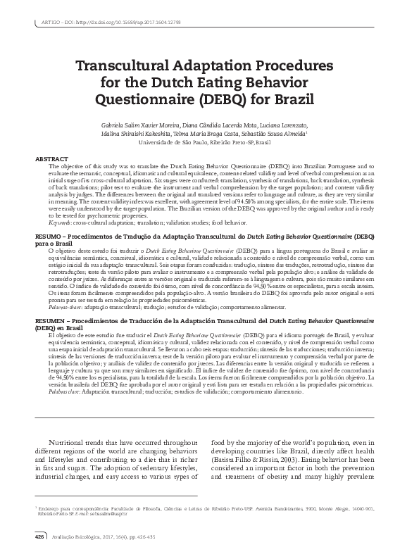(PDF) Transcultural adaptation procedures for the dutch eating behavior ...