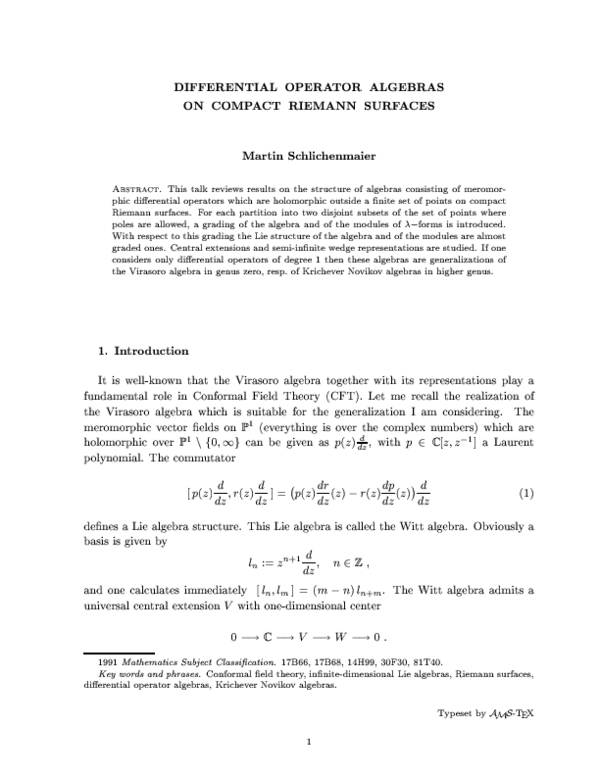 Pdf Differential Operator Algebras On Compact Riemann Surfaces