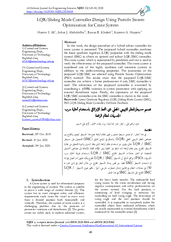 (PDF) LQR/Sliding Mode Controller Design Using Particle Swarm Optimization for Crane System