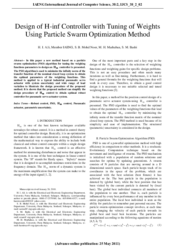 (PDF) Design of H-inf Controller with Tuning of Weights Using Particle Swarm Optimization Method