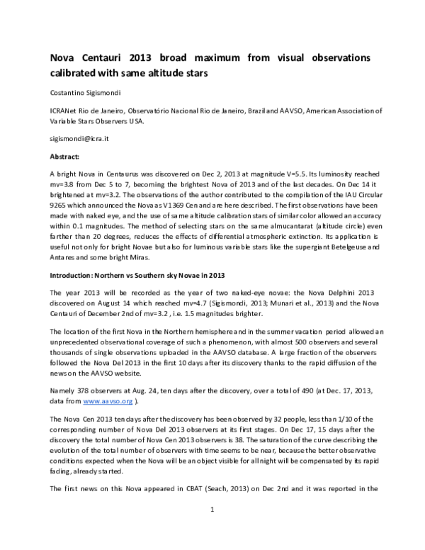 (PDF) Nova Centauri 2013 broad maximum from visual observations calibrated with same altitude stars