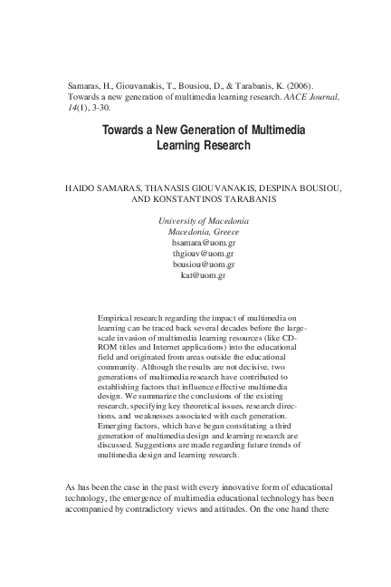 (PDF) Towards a New Generation of Multimedia Learning Research
