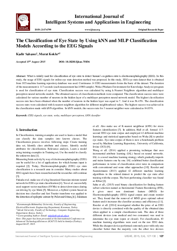 (PDF) The Classification of Eye State by Using kNN and MLP Classification Models According to ...