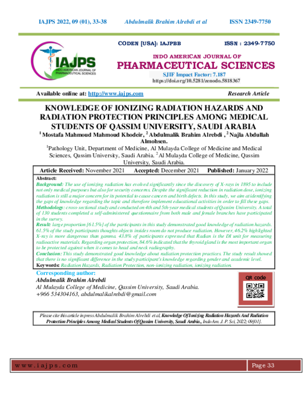 (PDF) KNOWLEDGE OF IONIZING RADIATION HAZARDS AND RADIATION PROTECTION PRINCIPLES AMONG MEDICAL ...