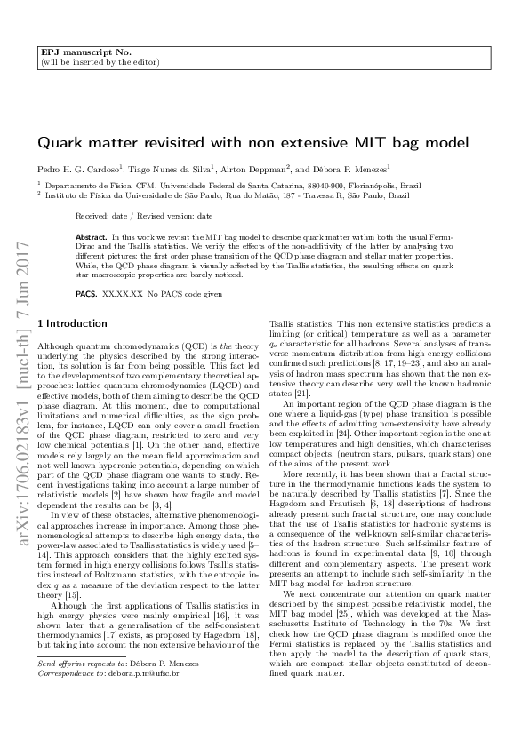 (PDF) Quark matter revisited with non-extensive MIT bag model | Airton ...