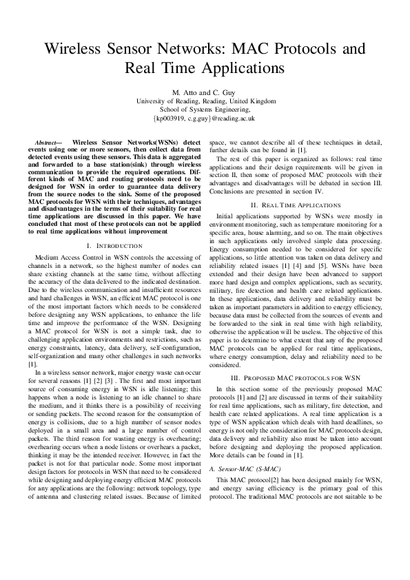 (PDF) Wireless Sensor Networks: MAC protocols and real time applications