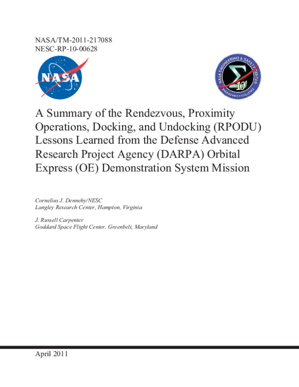 (PDF) A Summary of the Rendezvous, Proximity Operations, Docking, and Undocking (RPODU) Lessons ...