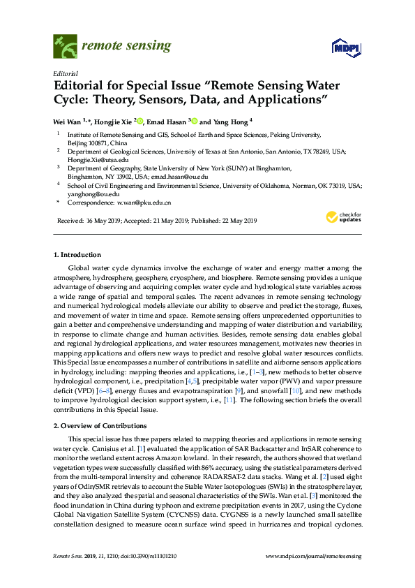 (PDF) Editorial for Special Issue “Remote Sensing Water Cycle: Theory, Sensors, Data, and ...