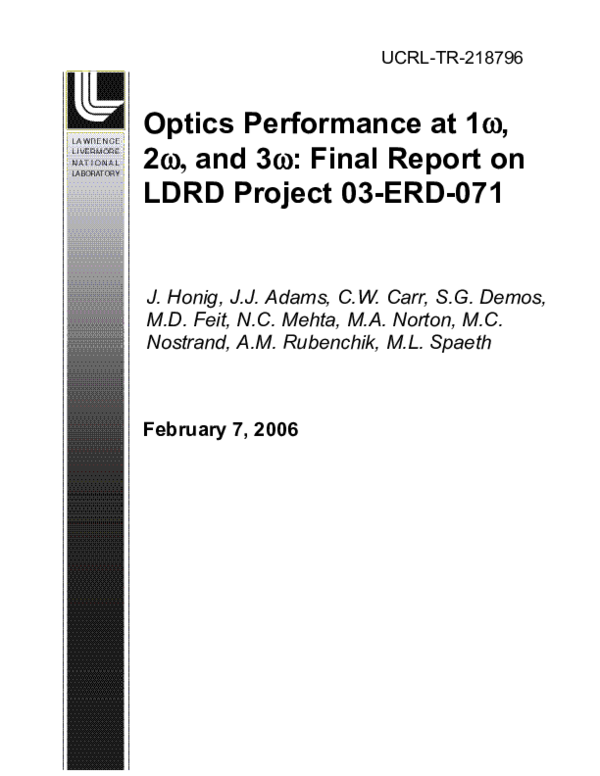 (PDF) Optics Performance at 1(omega), 2 (omega), and 3 (omega): Final Report on LDRD Project 03 ...