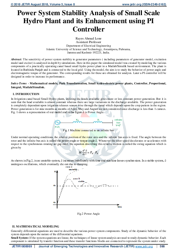 (PDF) Power System Stability Analysis of Small Scale Hydro Plant and its Enhancement using PI ...