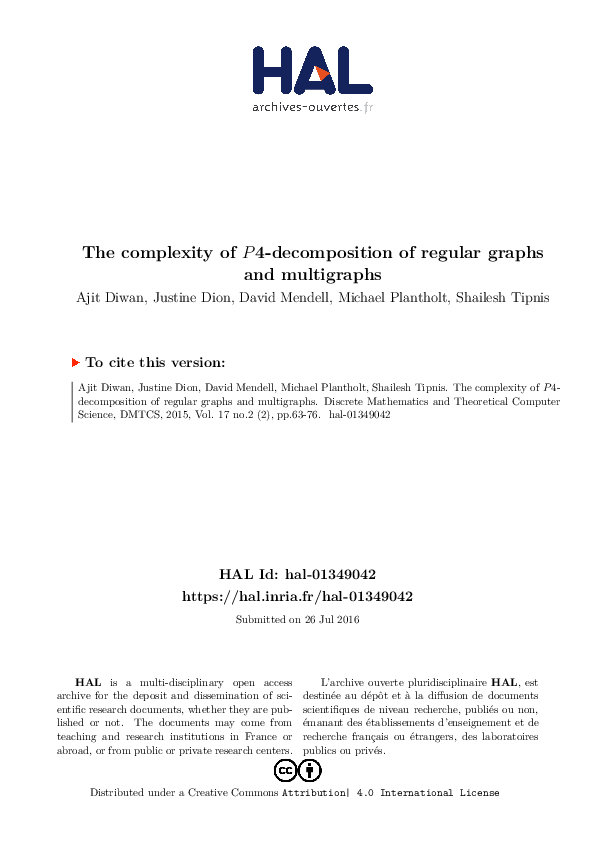 (PDF) The complexity of P4-decomposition of regular graphs and multigraphs | Michael Plantholt ...