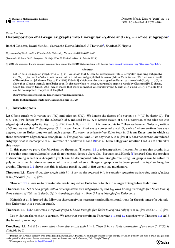 (PDF) Decomposition of 4k-regular graphs into k 4-regular K5-free and ...