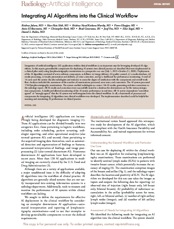 (PDF) Integrating Al Algorithms into the Clinical Workflow