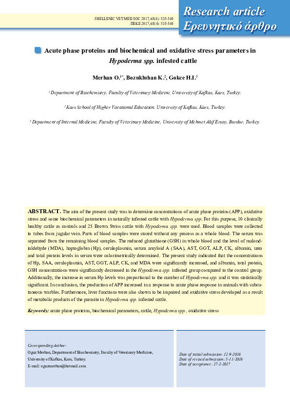 (PDF) Acute phase proteins and biochemical and oxidative stress ...