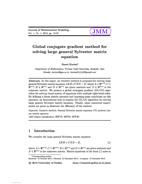 (PDF) Global conjugate gradient method for solving large general Sylvester matrix equation