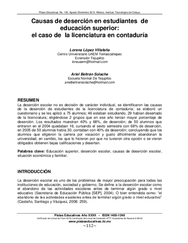 (PDF) Causas de deserción en estudiantes de educación superior: el caso ...