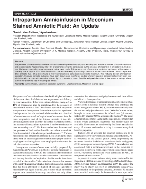 (PDF) Intrapartum Amnioinfusion in Meconium Stained Amniotic Fluid: An Update