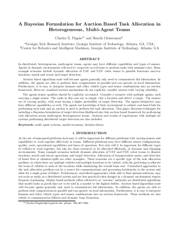 Pdf A Bayesian Formulation For Auction Based Task Allocation In Heterogeneous Multi Agent Teams