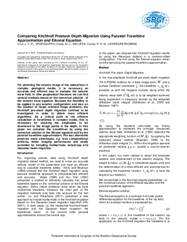 Pdf Comparing Kirchhoff Prestack Depth Migration Using Paraxial