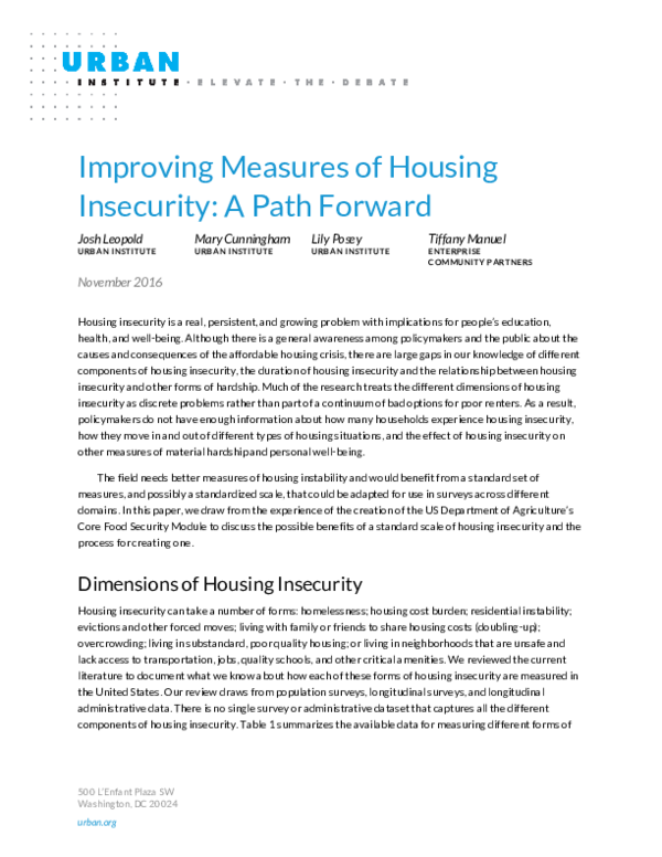 (PDF) Improving Measures of Housing Insecurity: A Path Forward